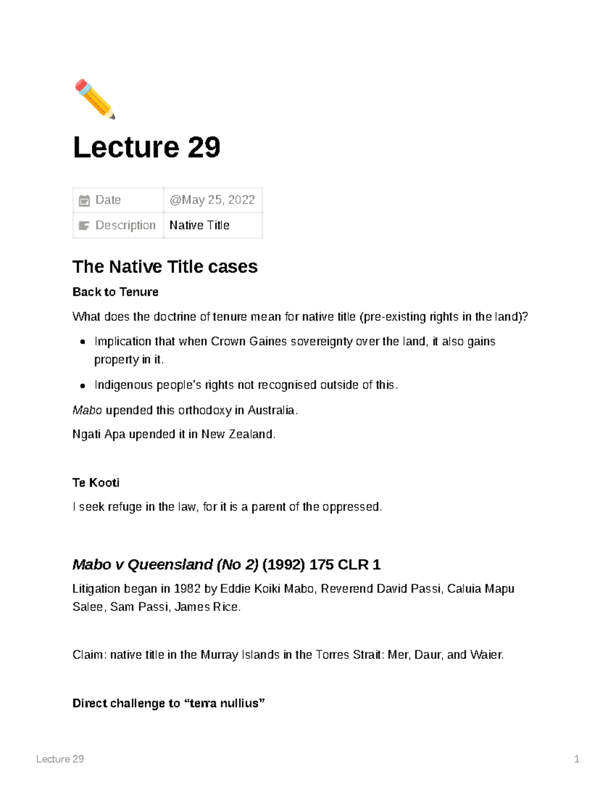 Lecture 29 summary - Lecture 29 Date Description Native Title The ...