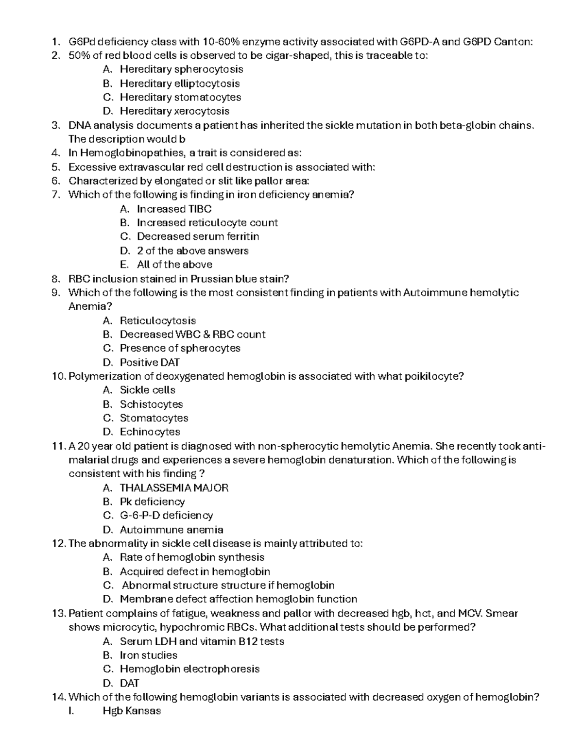 Hema week 3 post test - MTap questions - G6Pd deficiency class with 10 ...