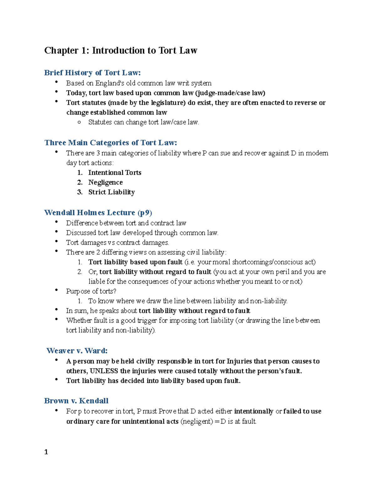 Torts Notes - Chapter 1: Introduction to Tort Law Brief History of Tort ...