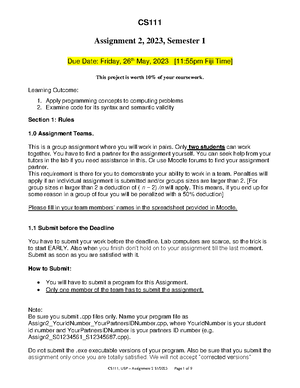 CS111 Assign 1 2023 - Write up and program it. - CS Assignment 1, 2023, Semester 1 Due Date ...