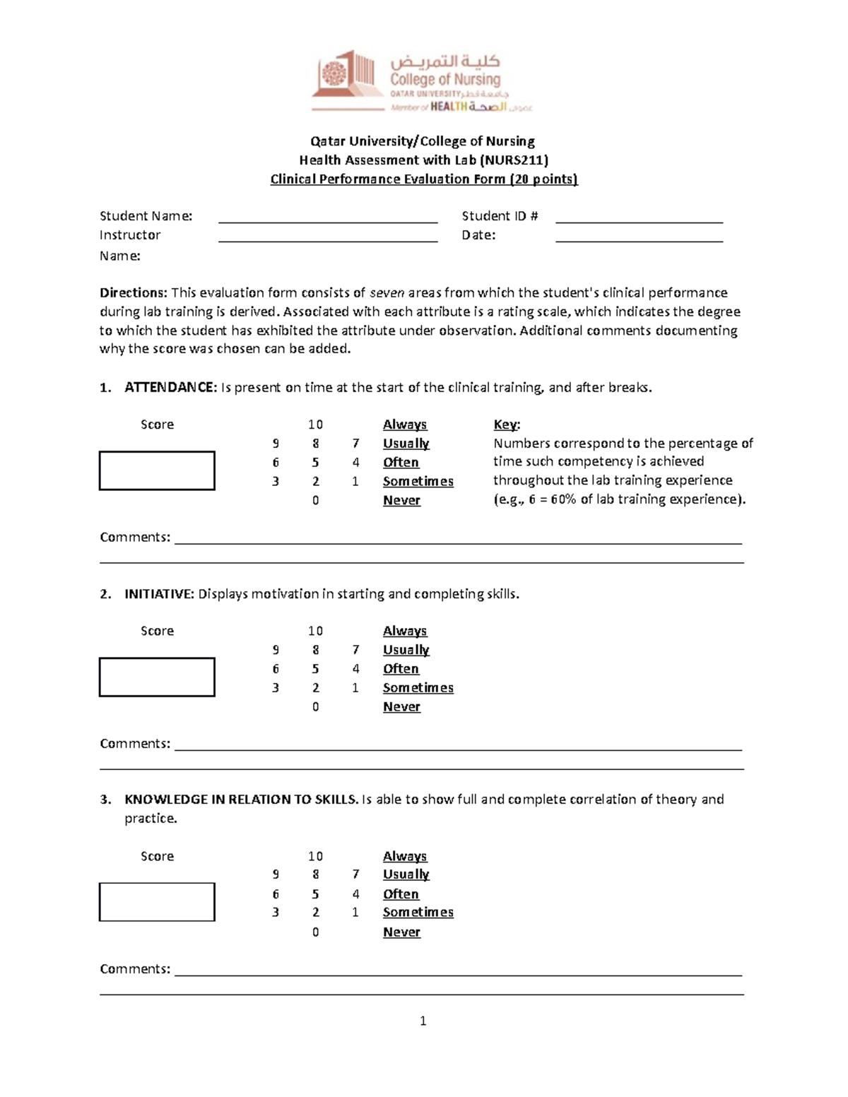 Clinical Performance Form - Qatar University/College of Nursing Health ...