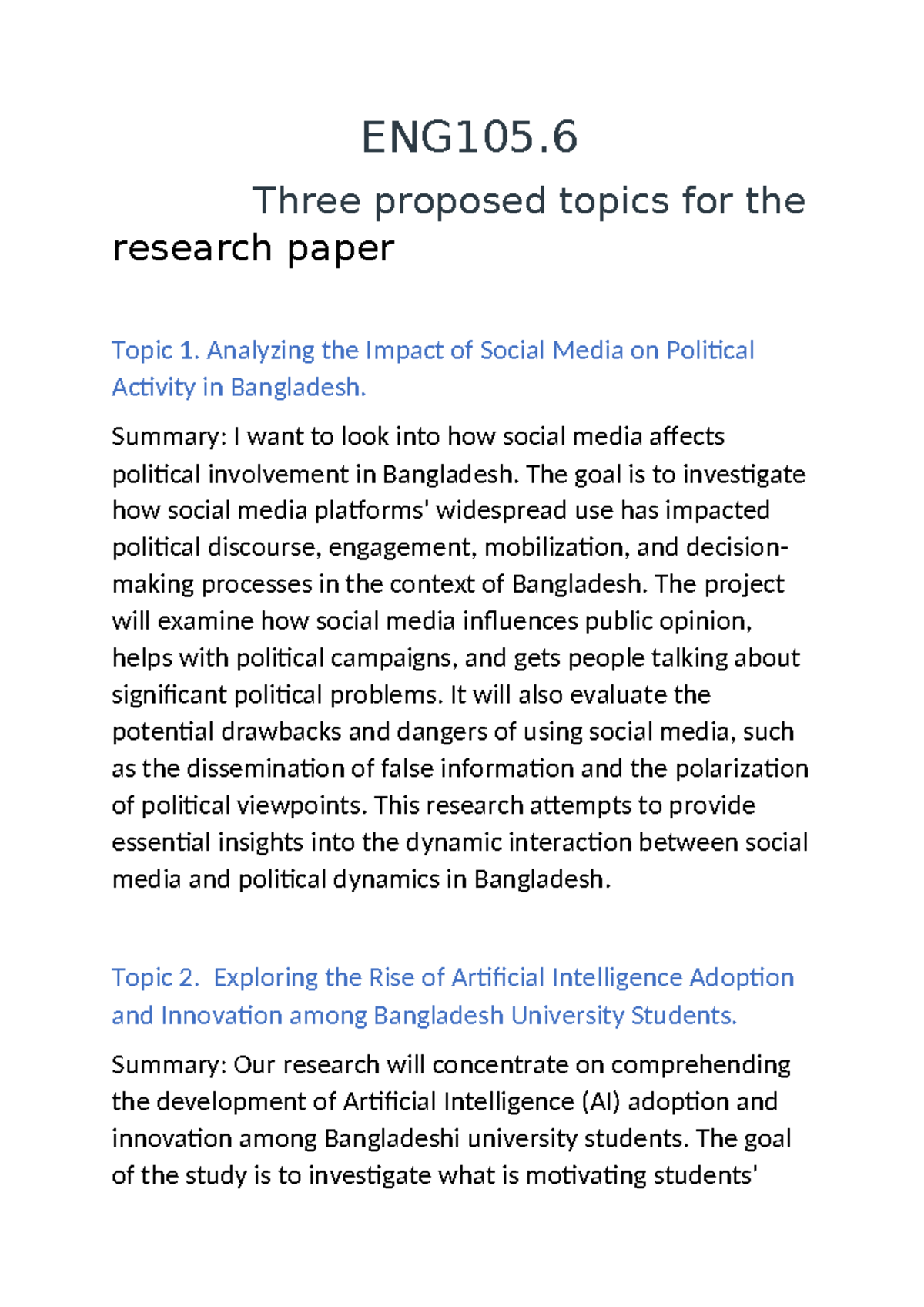 ENG105 - helpfull - ENG105. Three proposed topics for the research ...