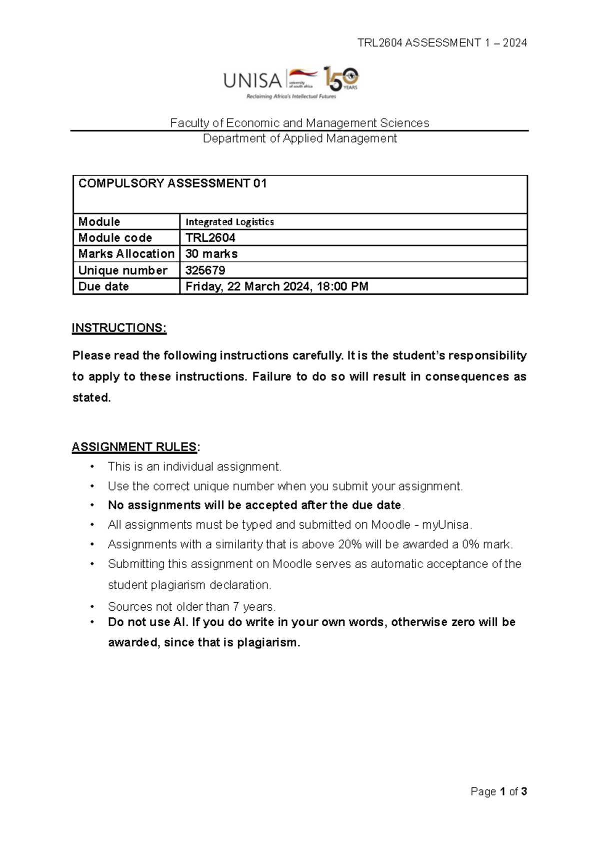 TRL2604 Assessment 1 Semester 1 - TRL 2604 ASSESSMENT 1 – 2024 Page 1 ...