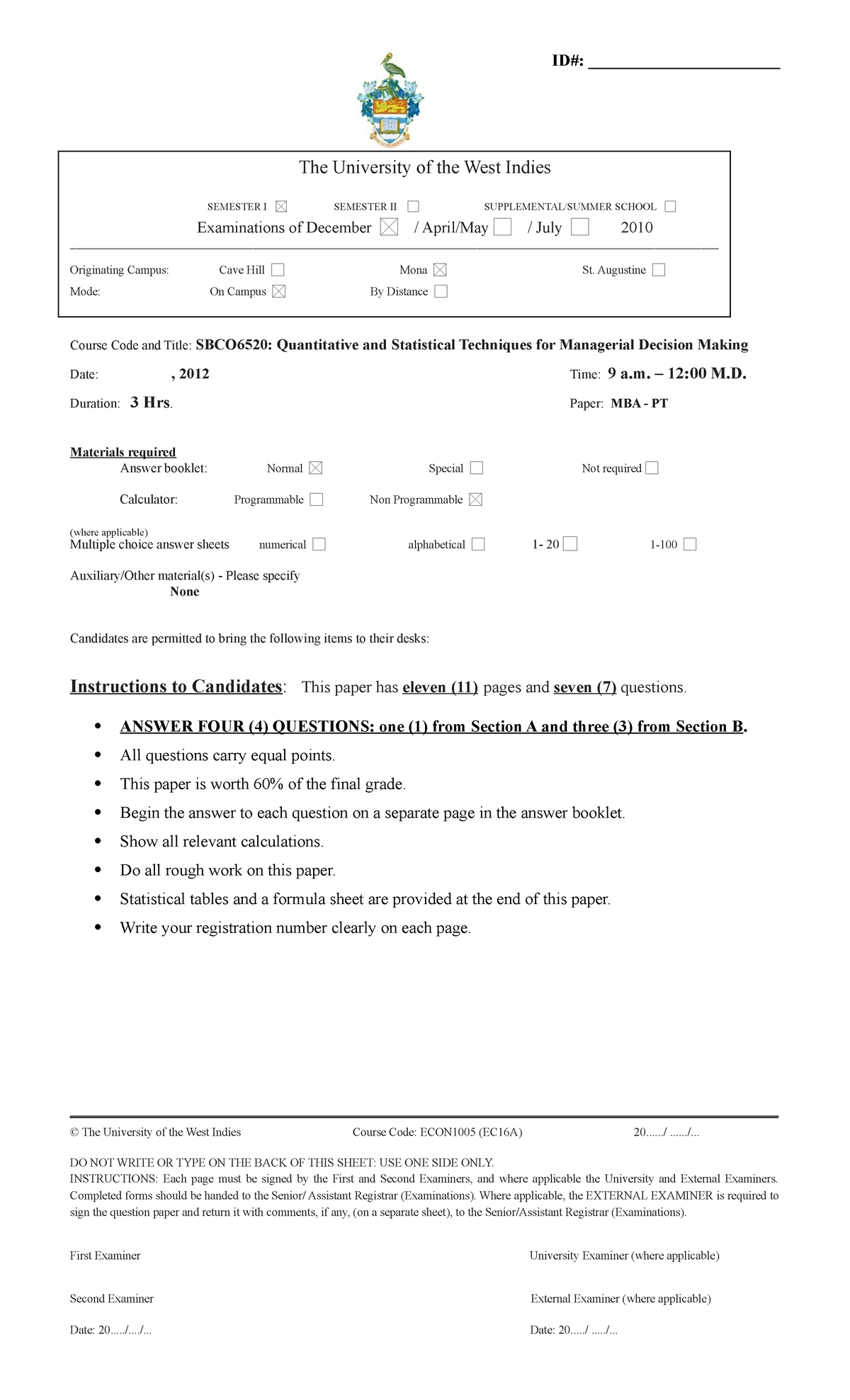 Final Exam Stats MBA Modified Dec 2012 - ID ...
