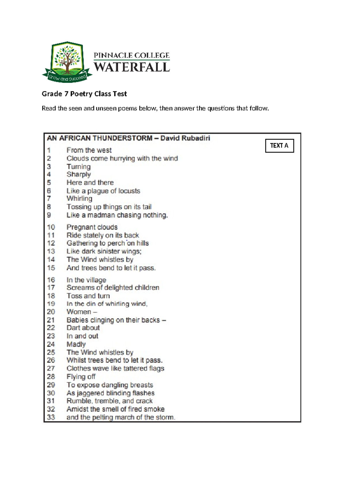 Poetry Class Test Grade 7 - Grade 7 Poetry Class Test Read the seen and ...