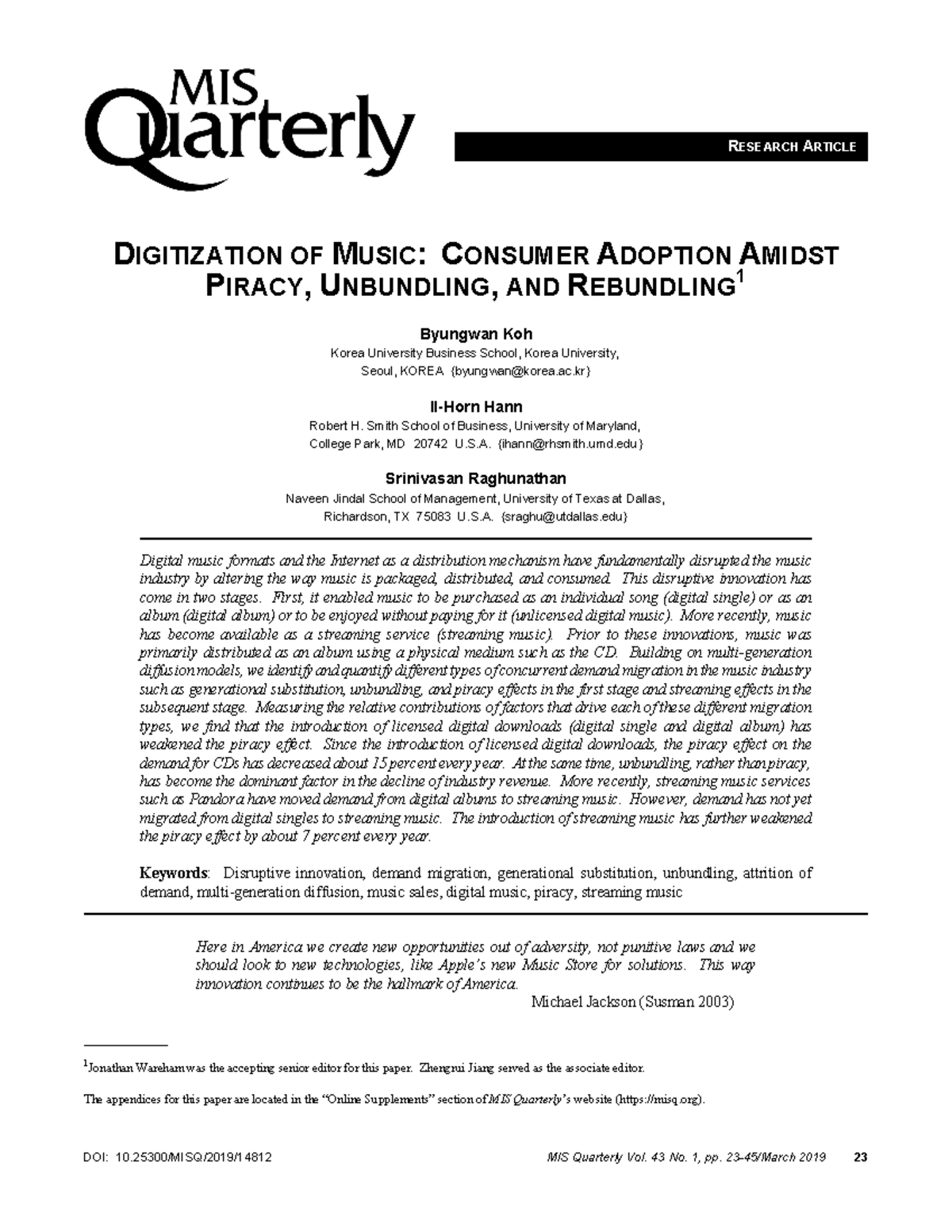 Misq.43 - IS5413 database management Optional paper. IS5413 database management Optional ...