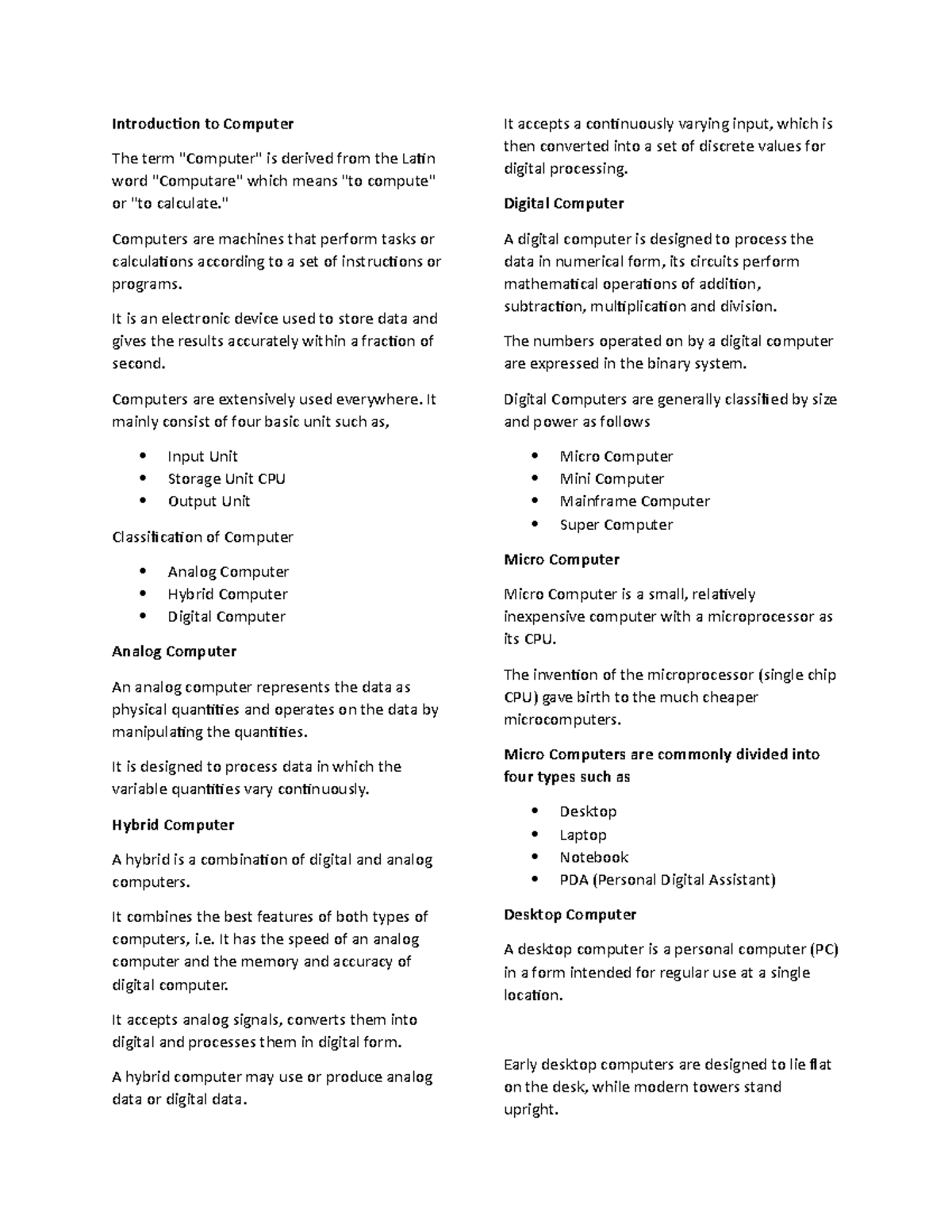 Introduction to Computer Module 1 and 2 - Introduction to Computer The term "Computer" is - Studocu