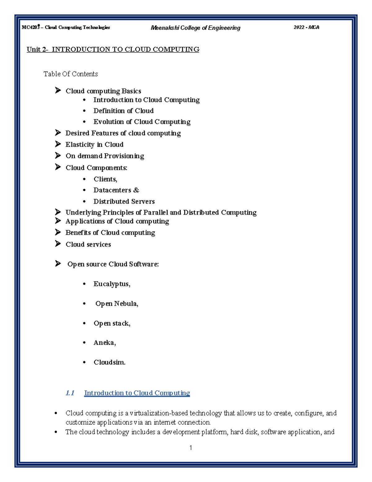 Cloud unit -2 ok - ####### MC4203 – Cloud Computing Technologies ...