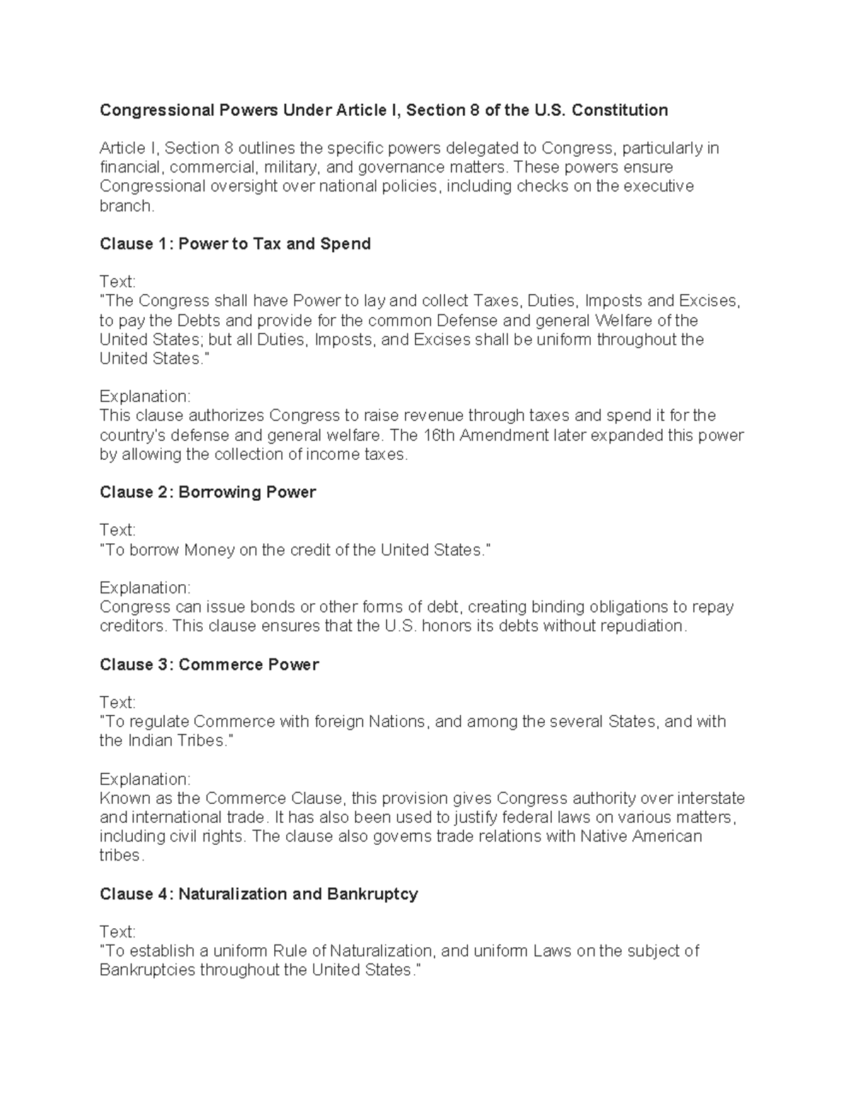 Congressional Powers Under Article I - Constitution Article I, Section ...