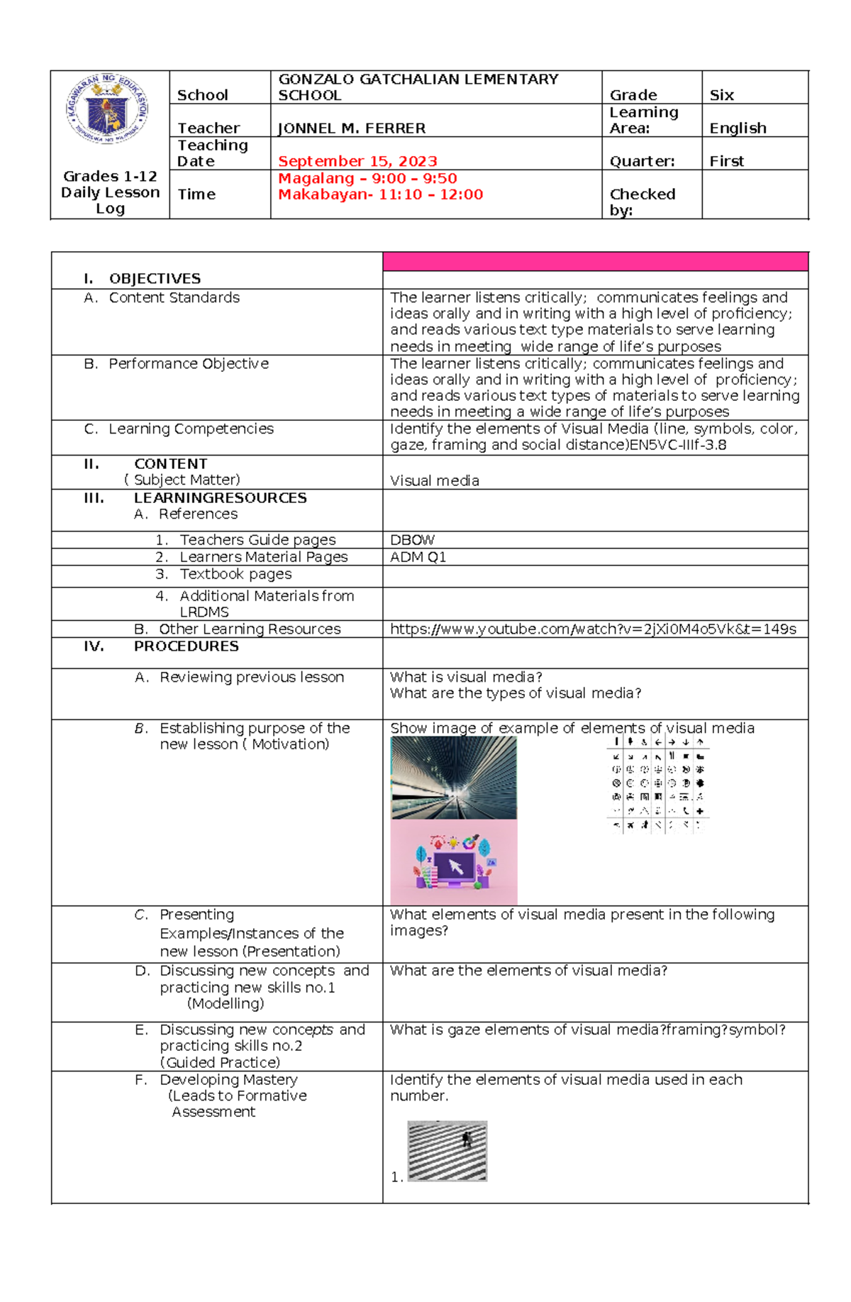 Elements of Visual Media - Grades 1- Daily Lesson Log School GONZALO ...