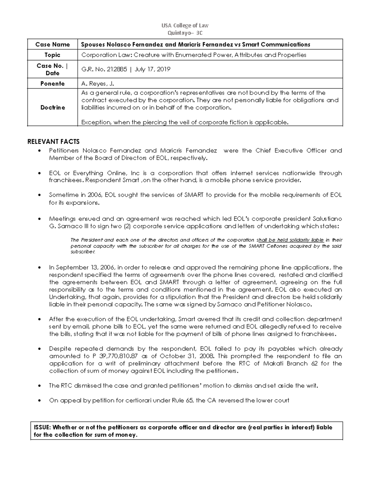 Spouses Nolasco Fernandez and Maricris Fernandez v. Smart ...