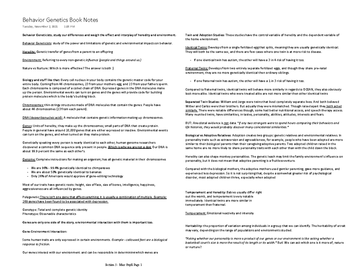 11-02-21 (M10) Behavioral Genetics Book Notes - Behavior Geneticists ...
