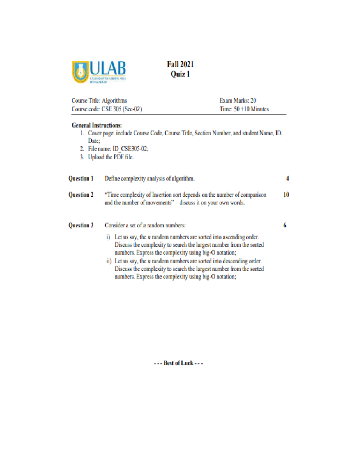 Quiz 1 Fall 21 Section 2 - ... - Algorithms - Studocu