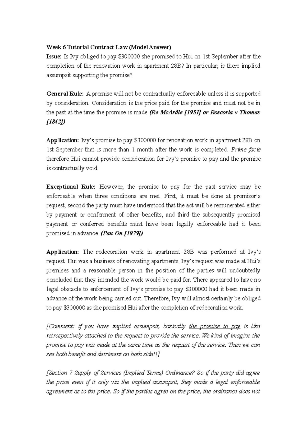 Week 6 Tutorial Contract Law (Model Answer) - Week 6 Tutorial Contract Law (Model Answer) Issue ...