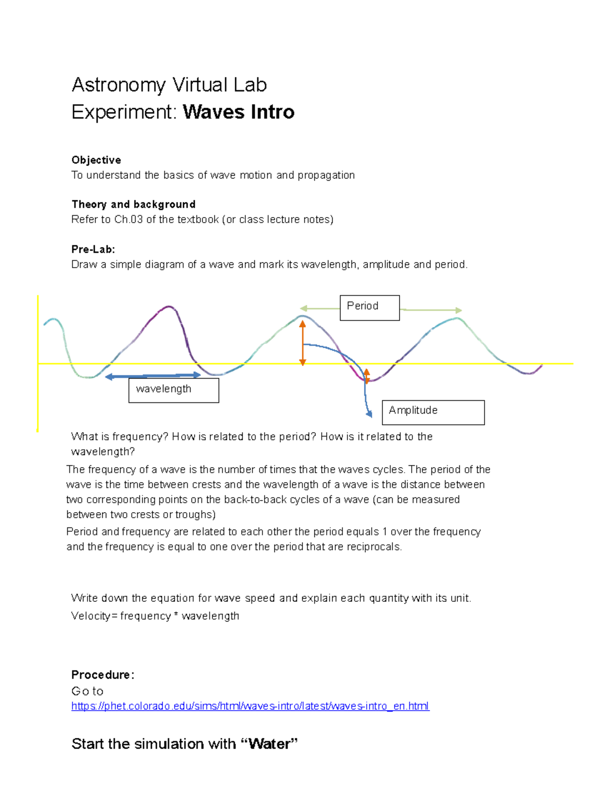 Astronomy Virtual Lab Waves Intro - Astronomy Virtual Lab Experiment: Waves Intro Objective To ...