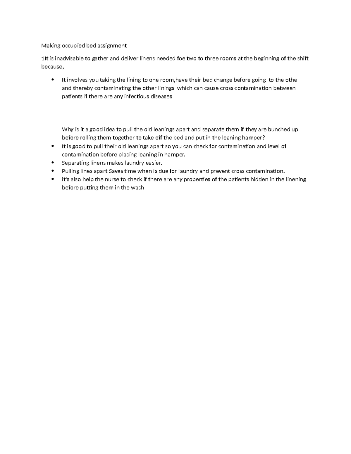 Making occupied bed assignment - Separating linens makes laundry easier ...