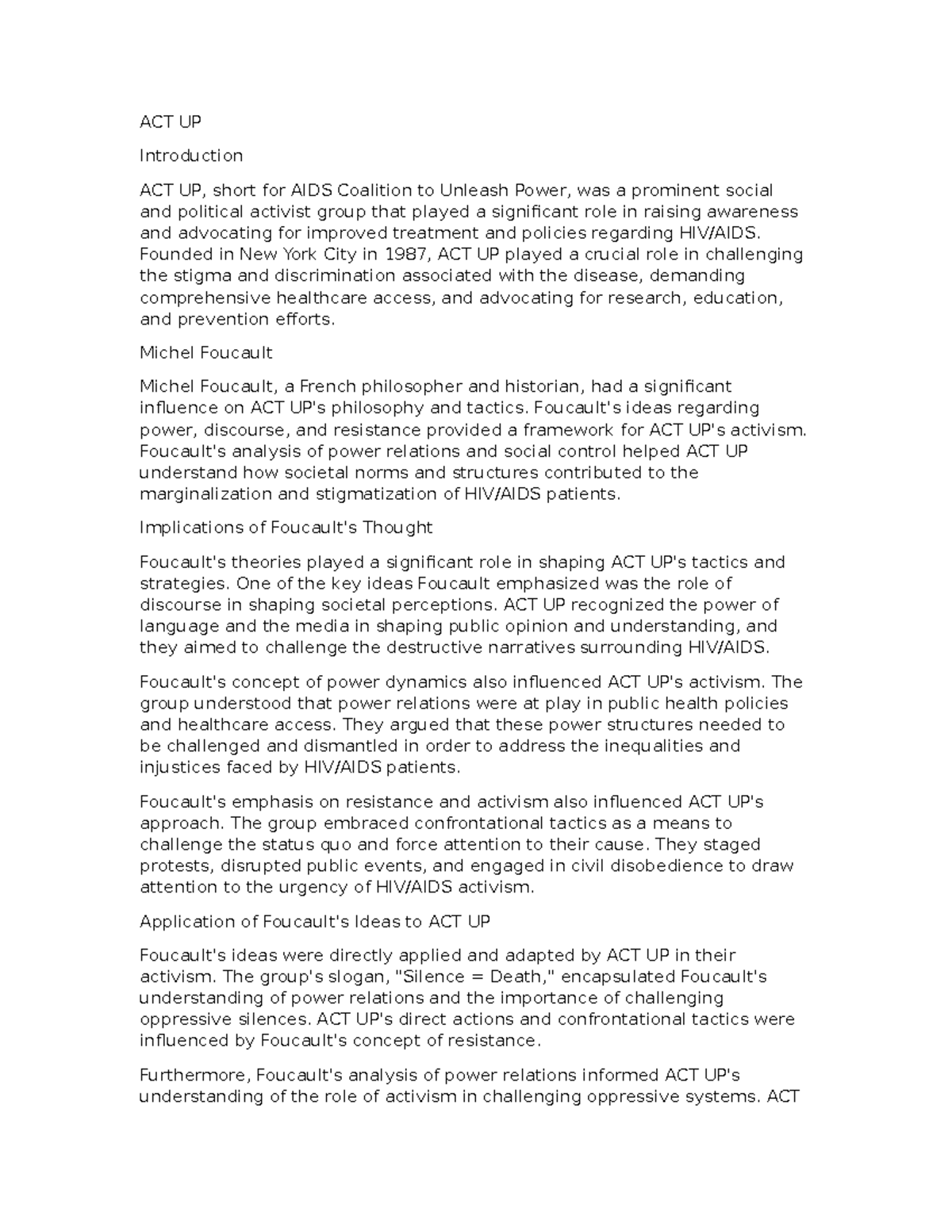 ACT UP - notes - ACT UP Introduction ACT UP, short for AIDS Coalition ...