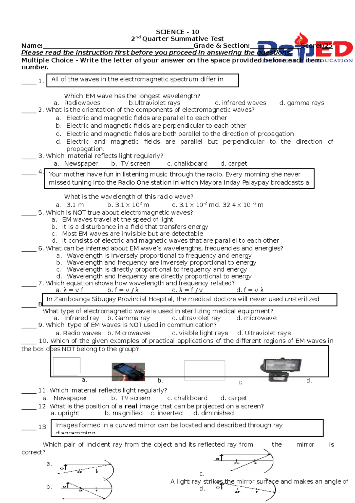 Science 10 test questions - SCIENCE - 10 2 nd Quarter Summative Test ...