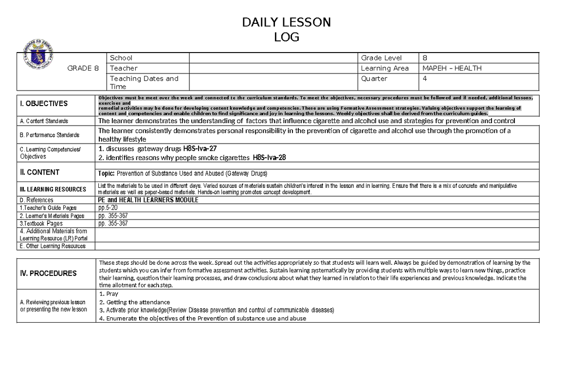 Cot-dll-q4 - For your good - DAILY LESSON LOG GRADE 8 School Grade ...