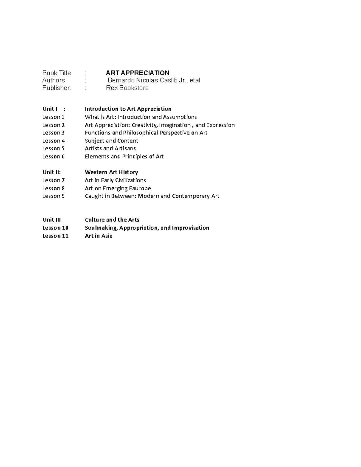 Art Appreciation Content Outline - Book Title : ART APPRECIATION ...