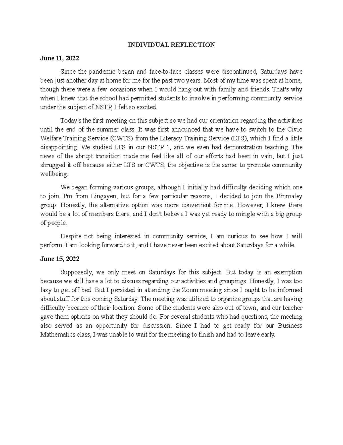 Reflection - INDIVIDUAL REFLECTION June 11, 2022 Since the pandemic ...