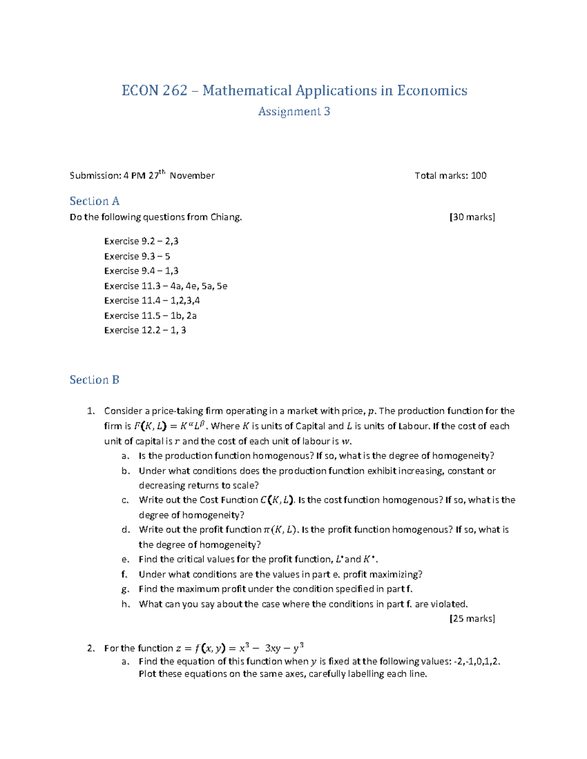 ECON262 - Assignment 3 - ECON 262 – Mathematical Applications in ...