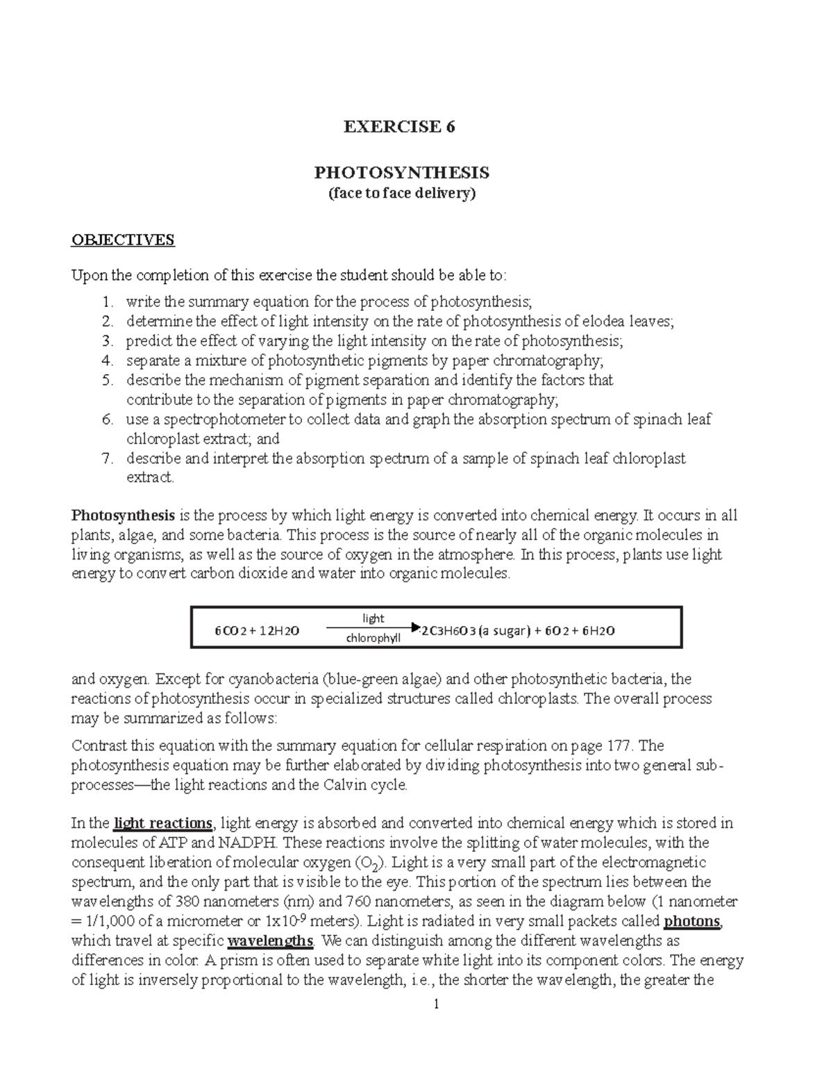 Photosynthesis Lab F2F - EXERCISE 6 PHOTOSYNTHESIS (face to face ...