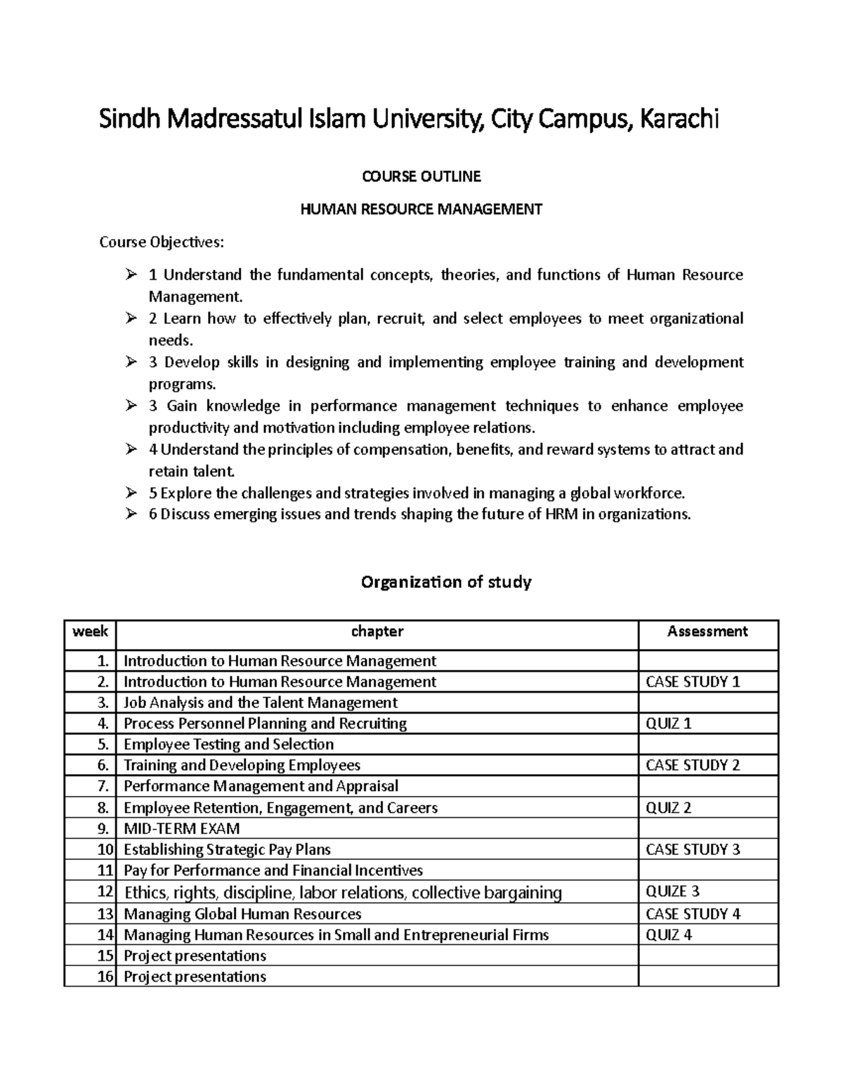 Course outline HRM - bet - Sindh Madressatul Islam University, City ...