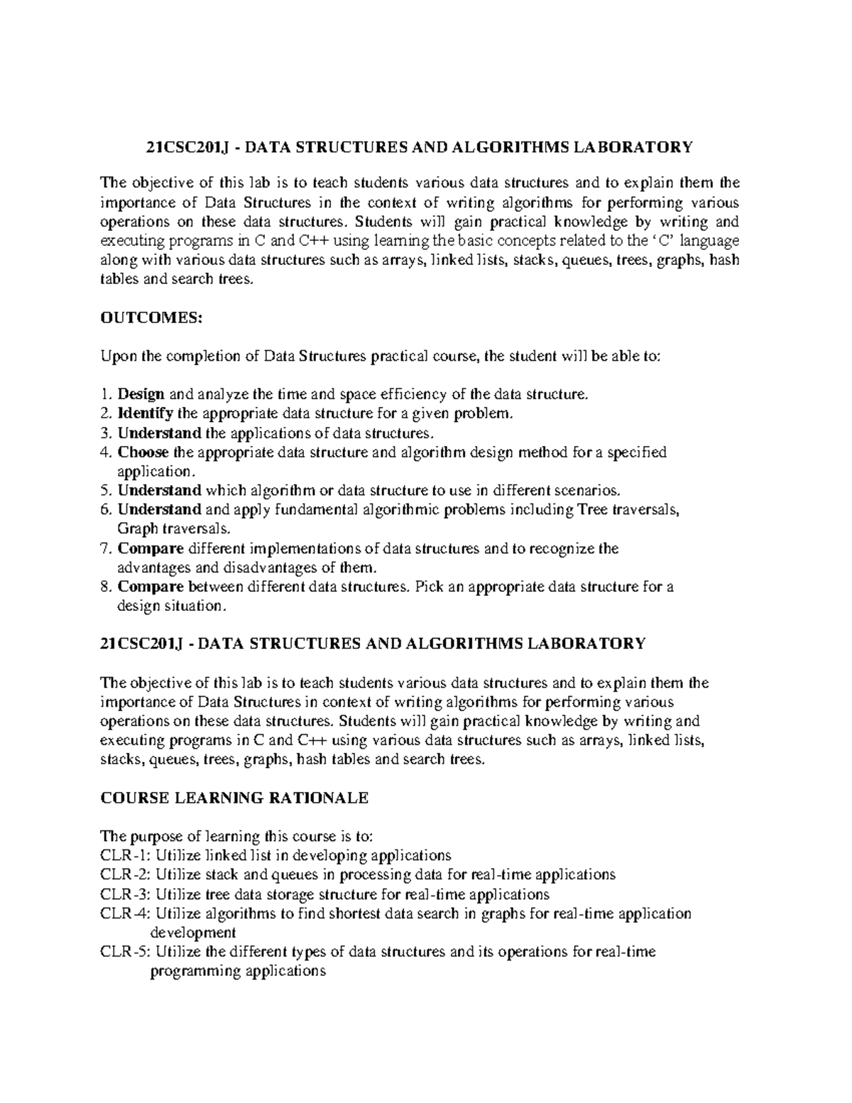List of Experimets with procedure - 21CSC201J - DATA STRUCTURES AND ALGORITHMS LABORATORY The ...