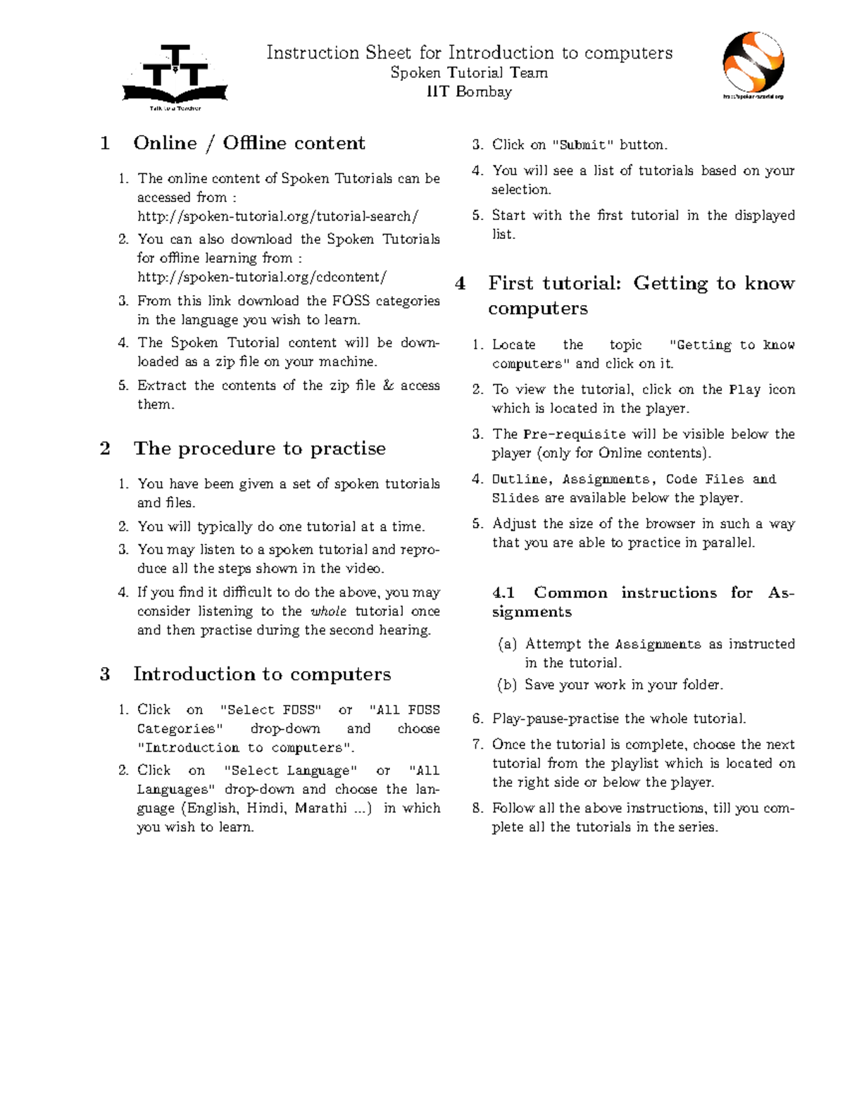 Introduction to Computers Instruction Sheet English - Instruction Sheet ...