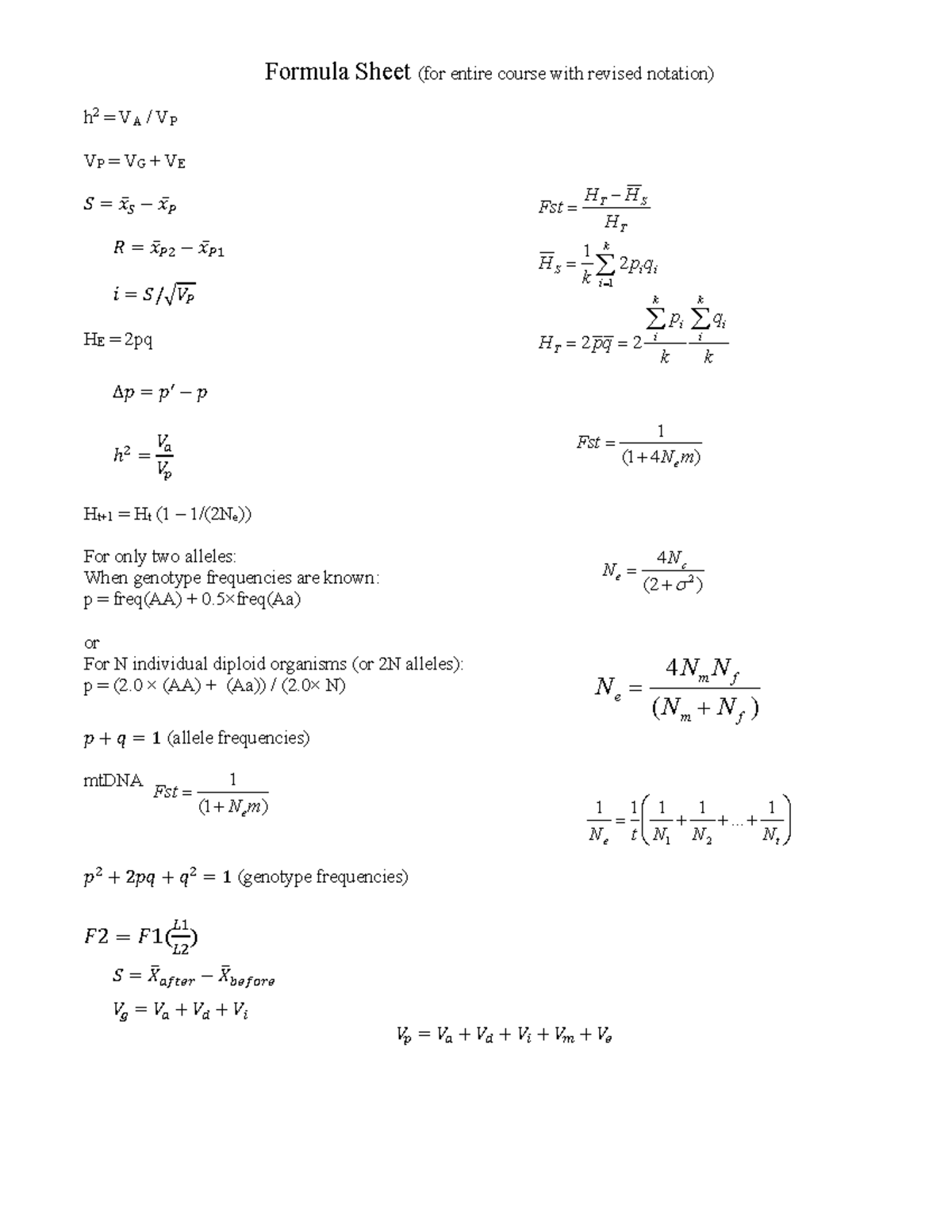 Exam Formula Sheet - Formula Sheet (for entire course with revised ...