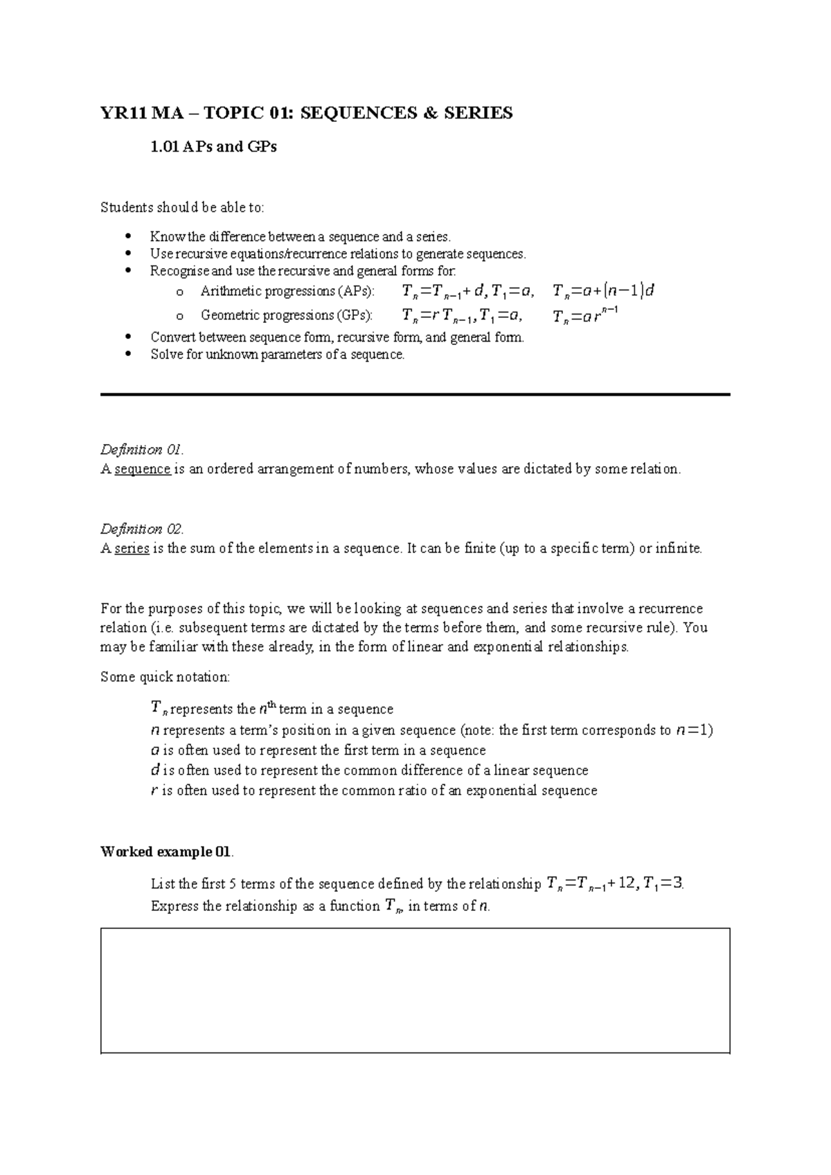 YR11 MA - Topic 01 Sequences and Series - 1.01 APs and GPs - YR11 MA ...