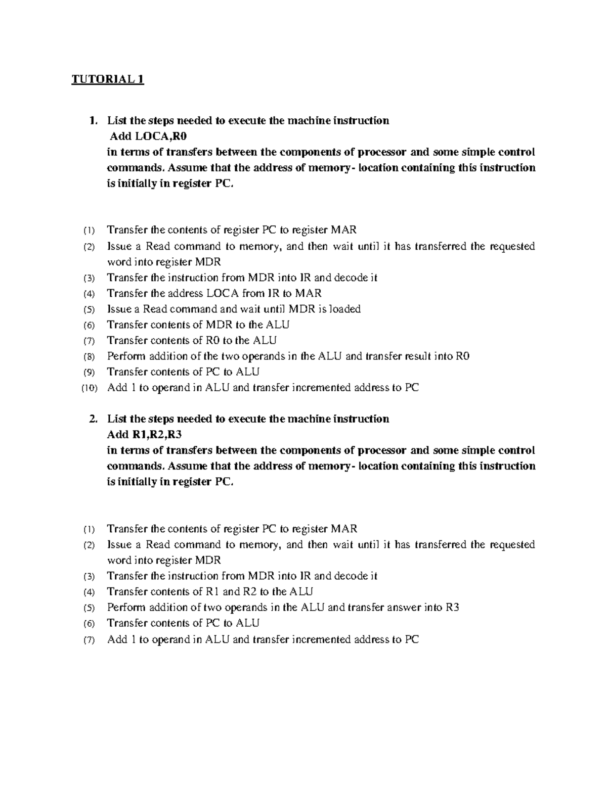 Tutorial 1 Qa Tutorial 1 1 List The Steps Needed To Execute The Machine Instruction Add Loca