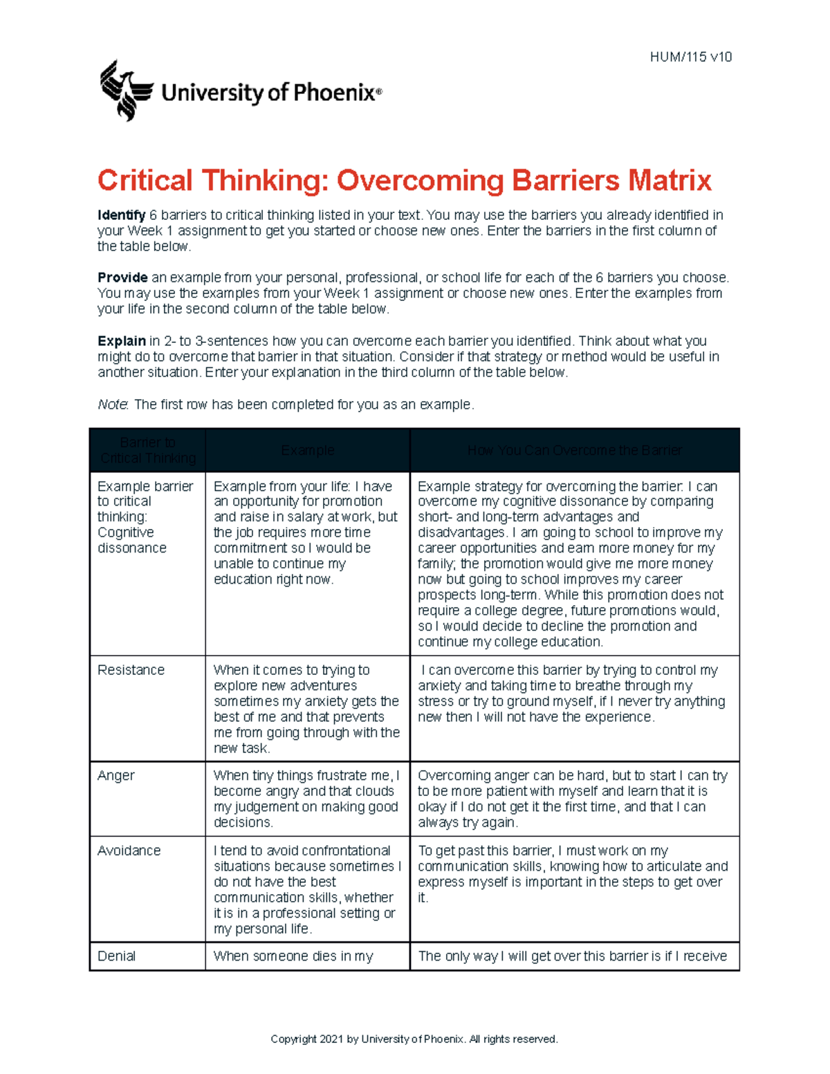 Homework HUM115wk3 - HUM/115 v Critical Thinking: Overcoming Barriers ...