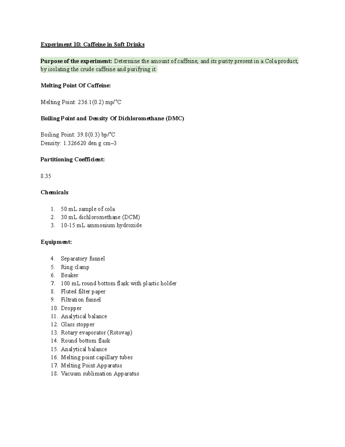 Experiment 10 Lab Procedure - Experiment 10: Caffeine in Soft Drinks ...