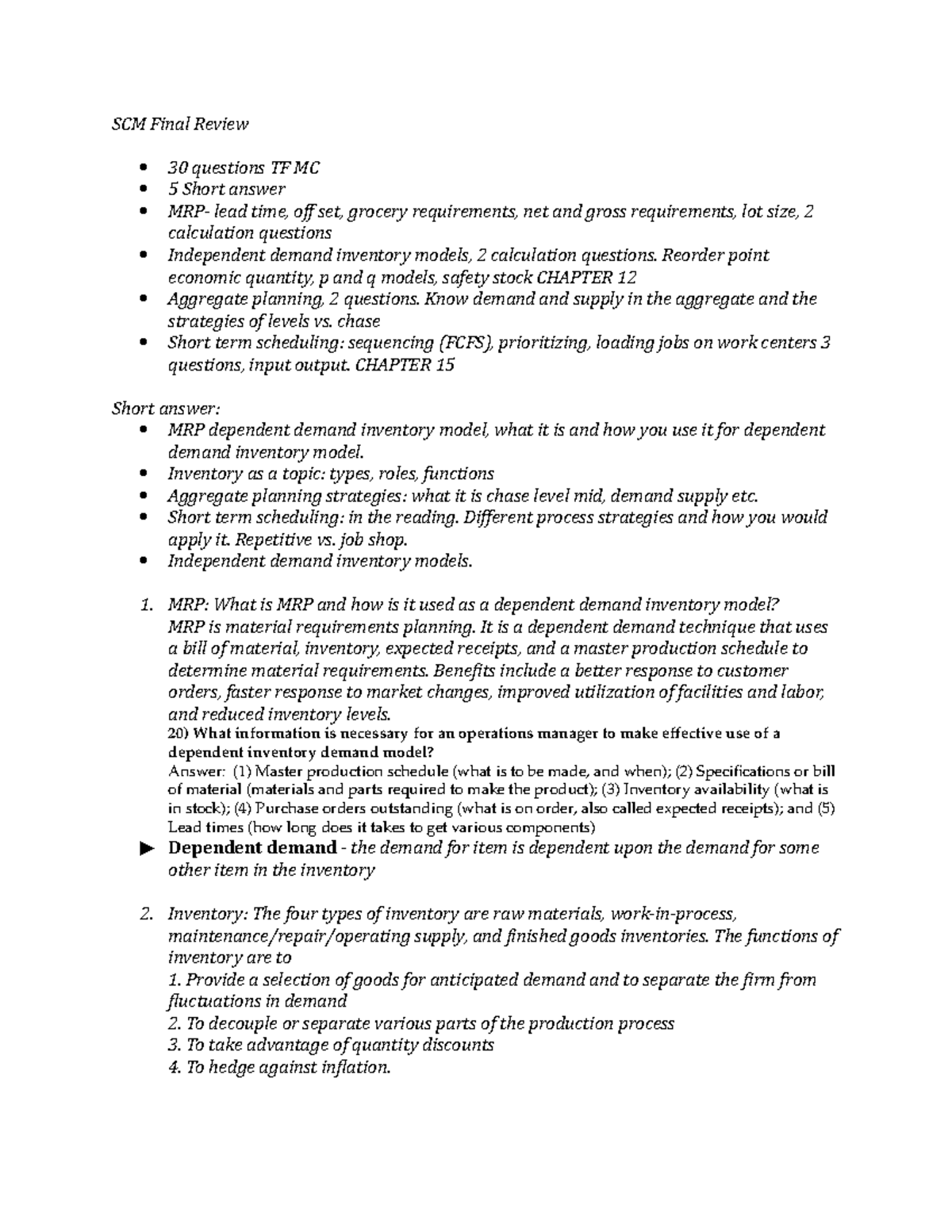 SCM Final Review - SCM 186 - Studocu