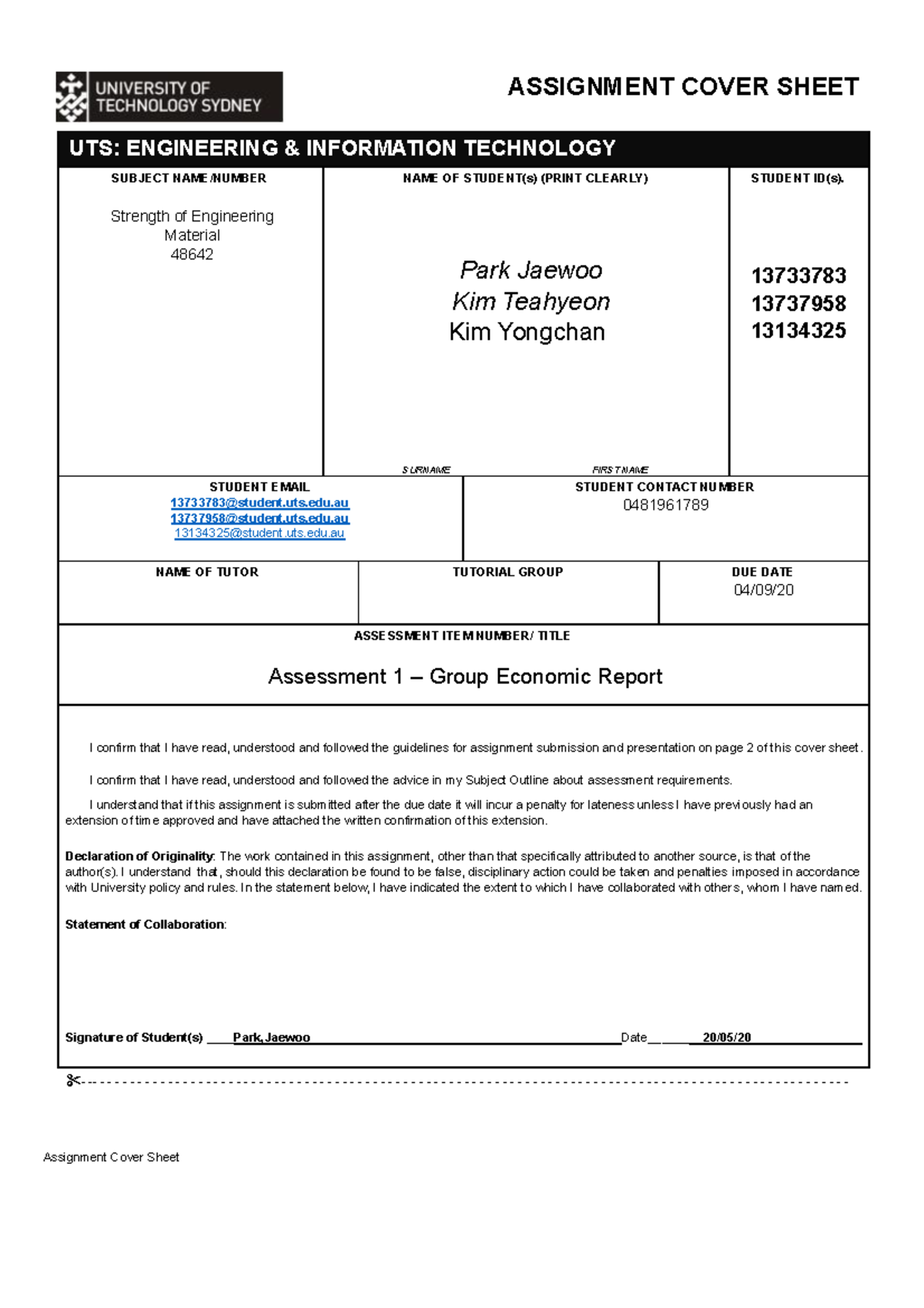 EEF 48250 assignment 1 - Warning: TT: undefined function: 32 ASSIGNMENT COVER SHEET UTS ...