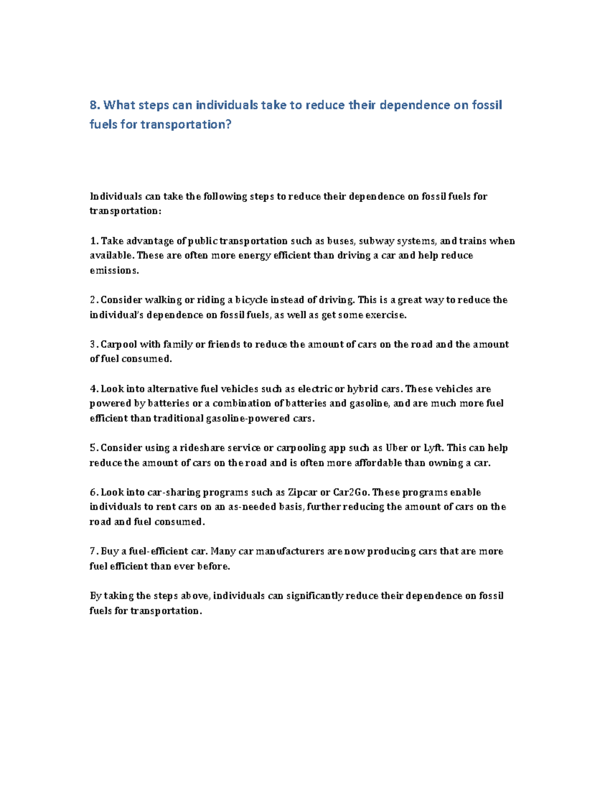 Clean Transportation 2 - 8. What steps can individuals take to reduce ...