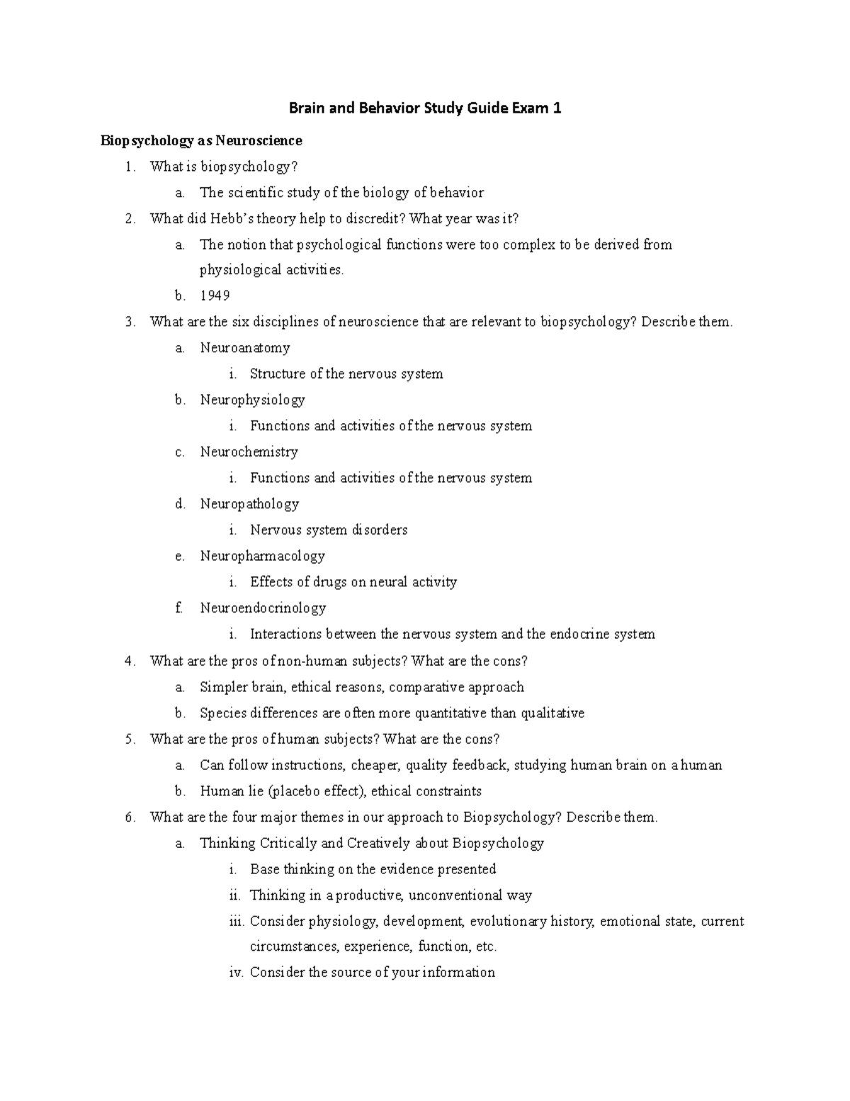 Study Guide- Exam 1- PSB 2000 - Brain and Behavior Study Guide Exam 1 ...