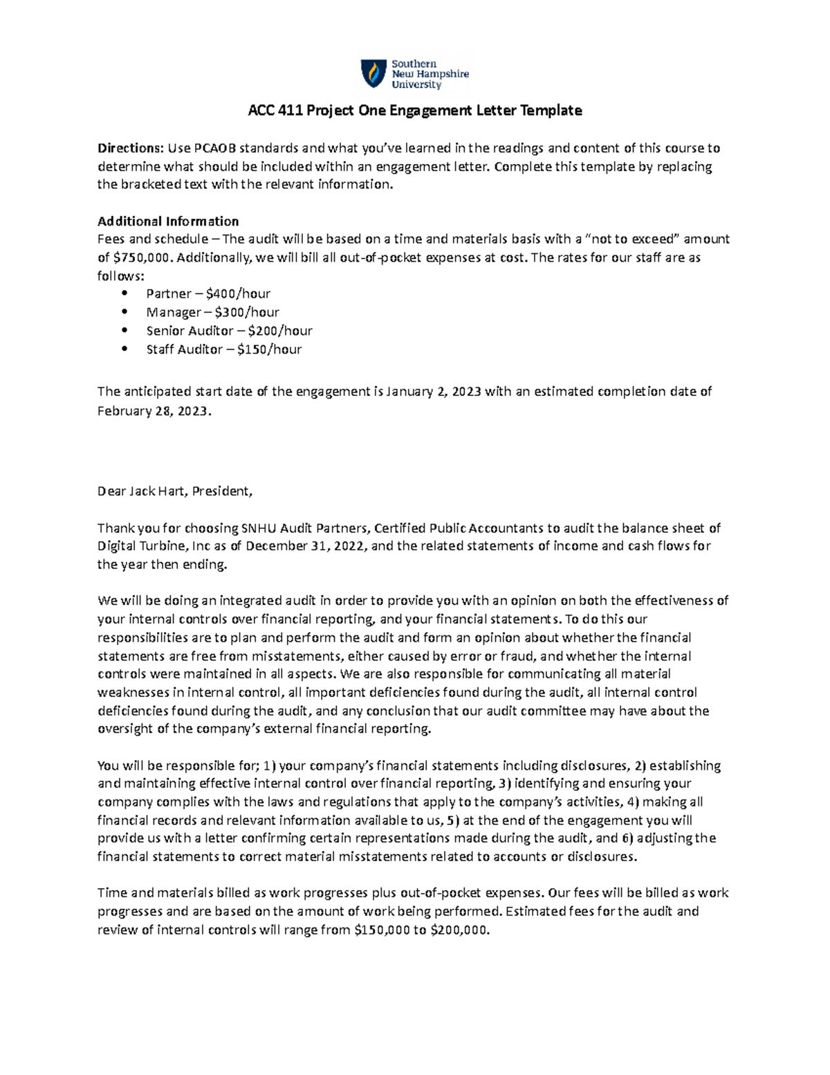 ACC 411 Project One Engagement Letter Template - Studocu