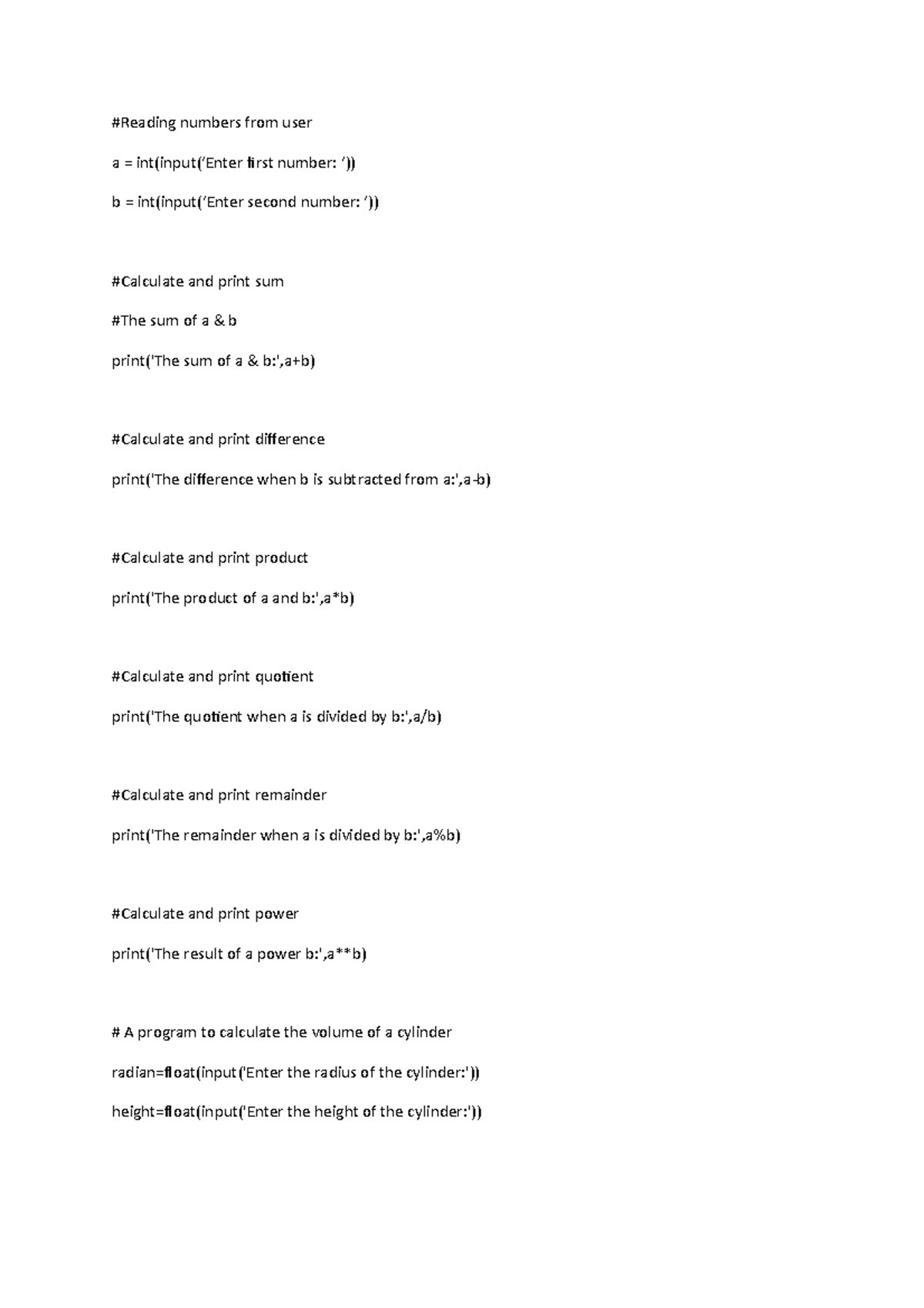 Answers sheet - Answer - #Reading numbers from user a = int(input ...