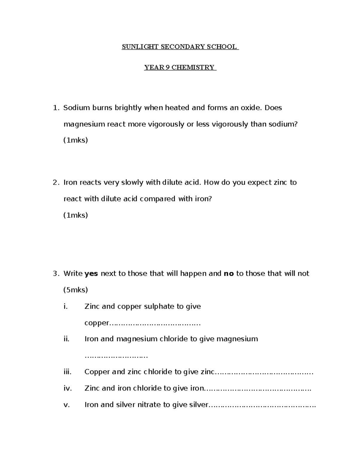 YEAR 9 CHEM Midterm 3 - REVI - SUNLIGHT SECONDARY SCHOOL YEAR 9 ...