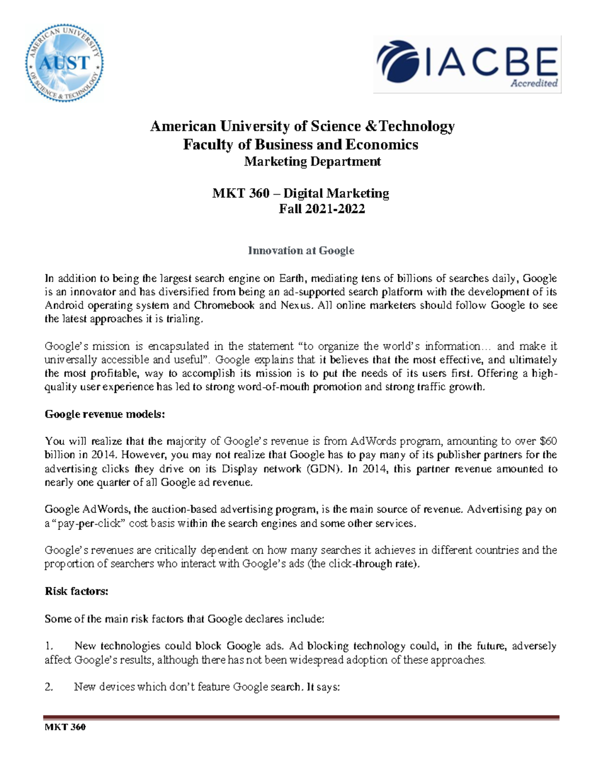 Case Study 1 Digital Marketing - MKT 360 American University of Science ...