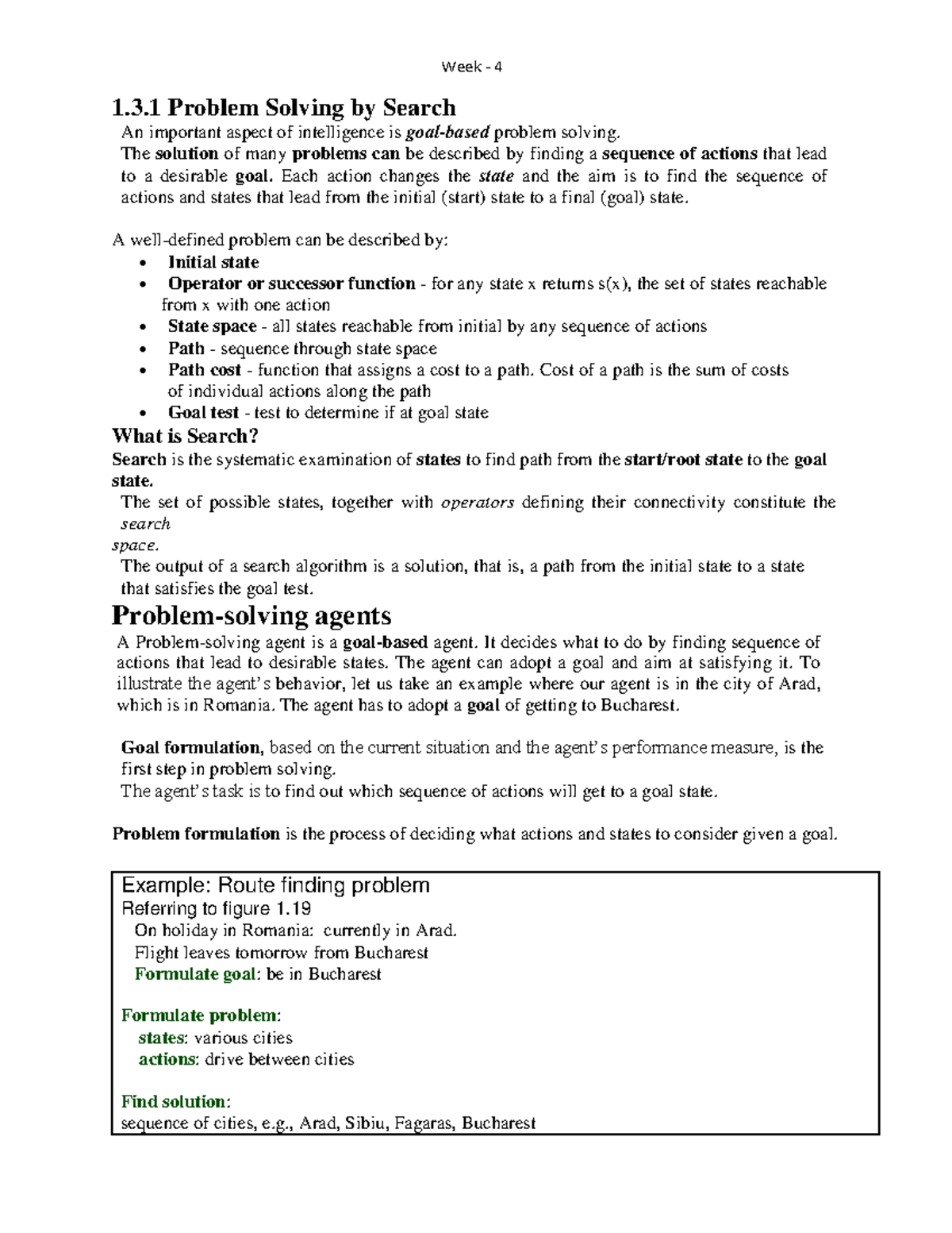 Week 4 - Artificial Intelligence - 1.3 Problem Solving by Search An ...