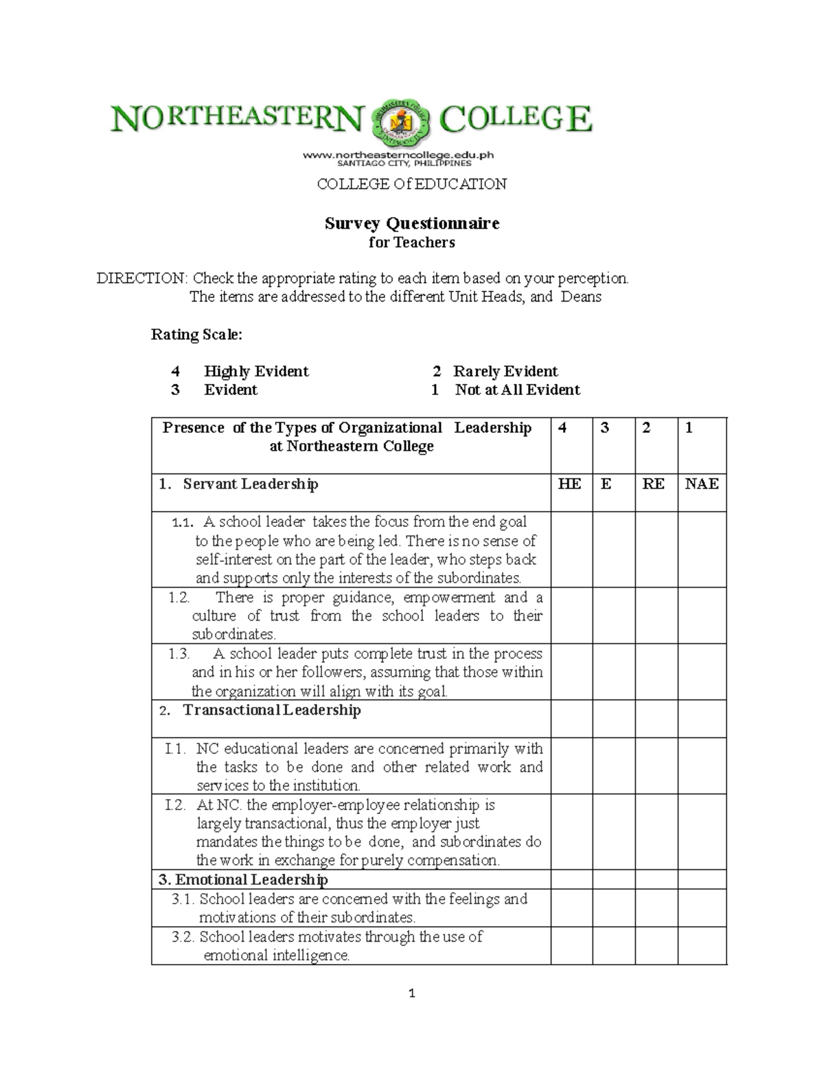 Questionnaire-ON-ORG.- Leadership 3 - COLLEGE Of EDUCATION Survey ...