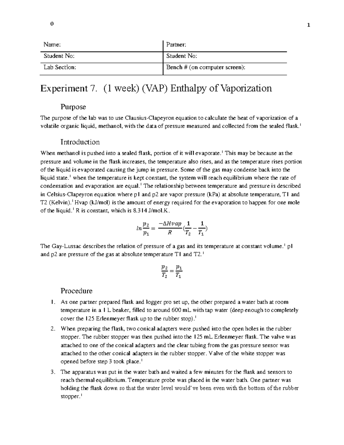 Lab report-CHEM 112A-Enthalpy of vaporization - Name: Partner: Student ...
