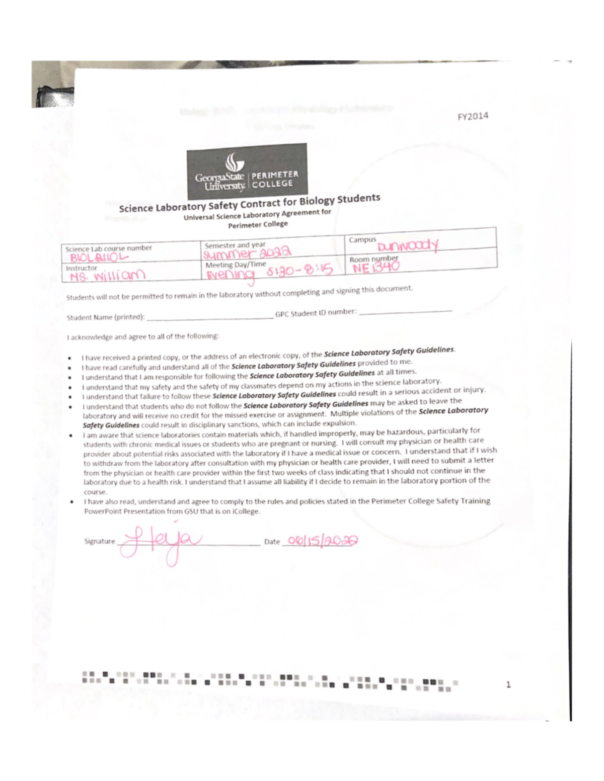 Laboratory Safety Contract for Biology Students Agreement for - BIOL ...
