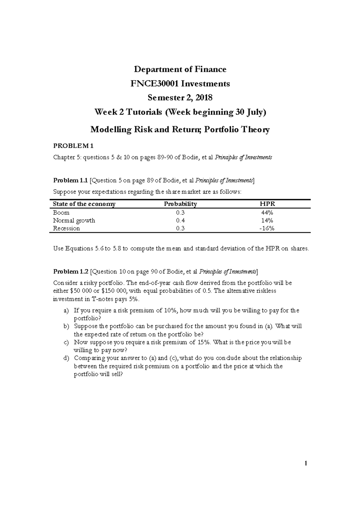 Tutorial 2 - Department of Finance FNCE30001 Investments Semester 2 ...