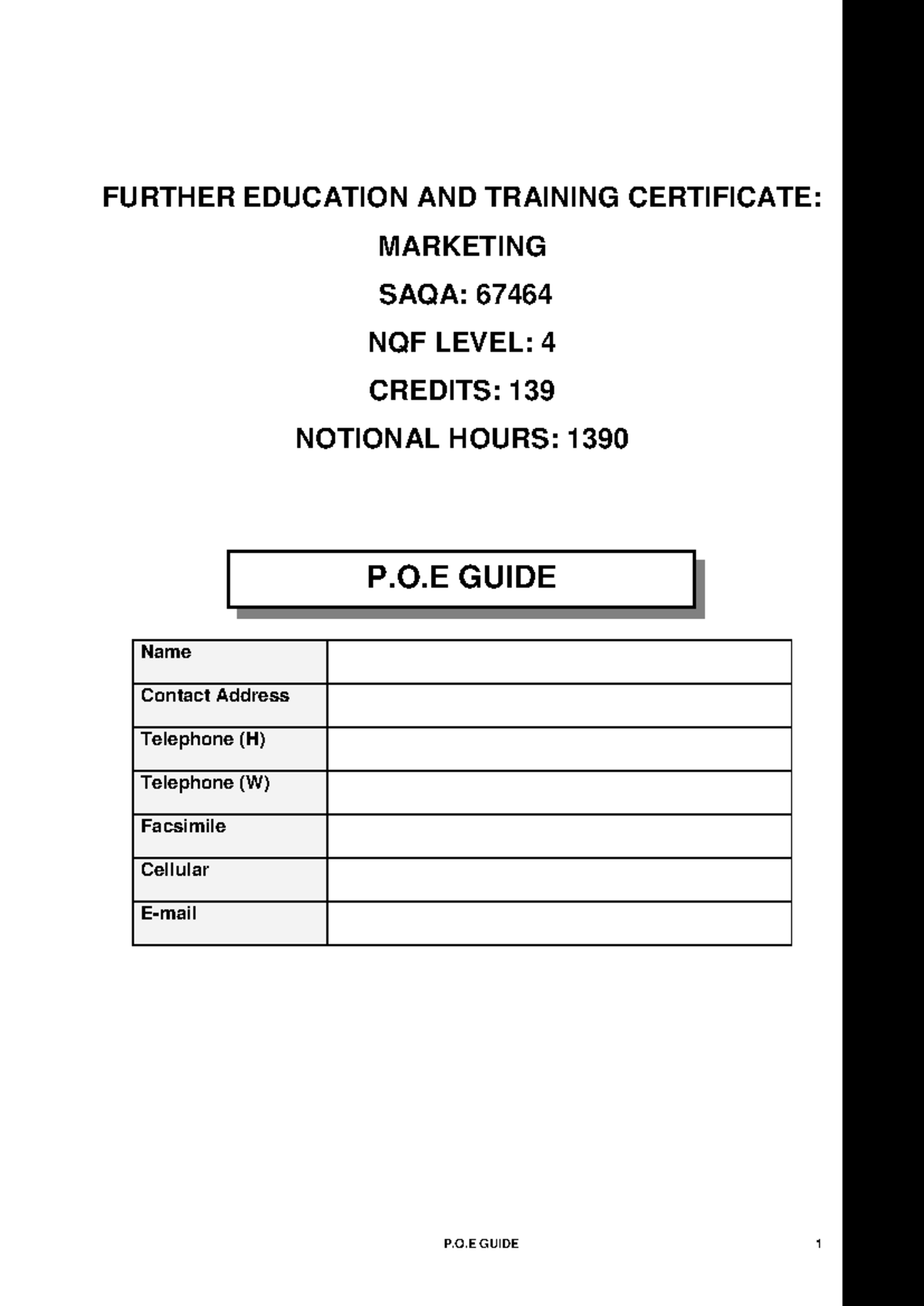 POE guide - Marketing course - P.O GUIDE 1 FURTHER EDUCATION AND ...