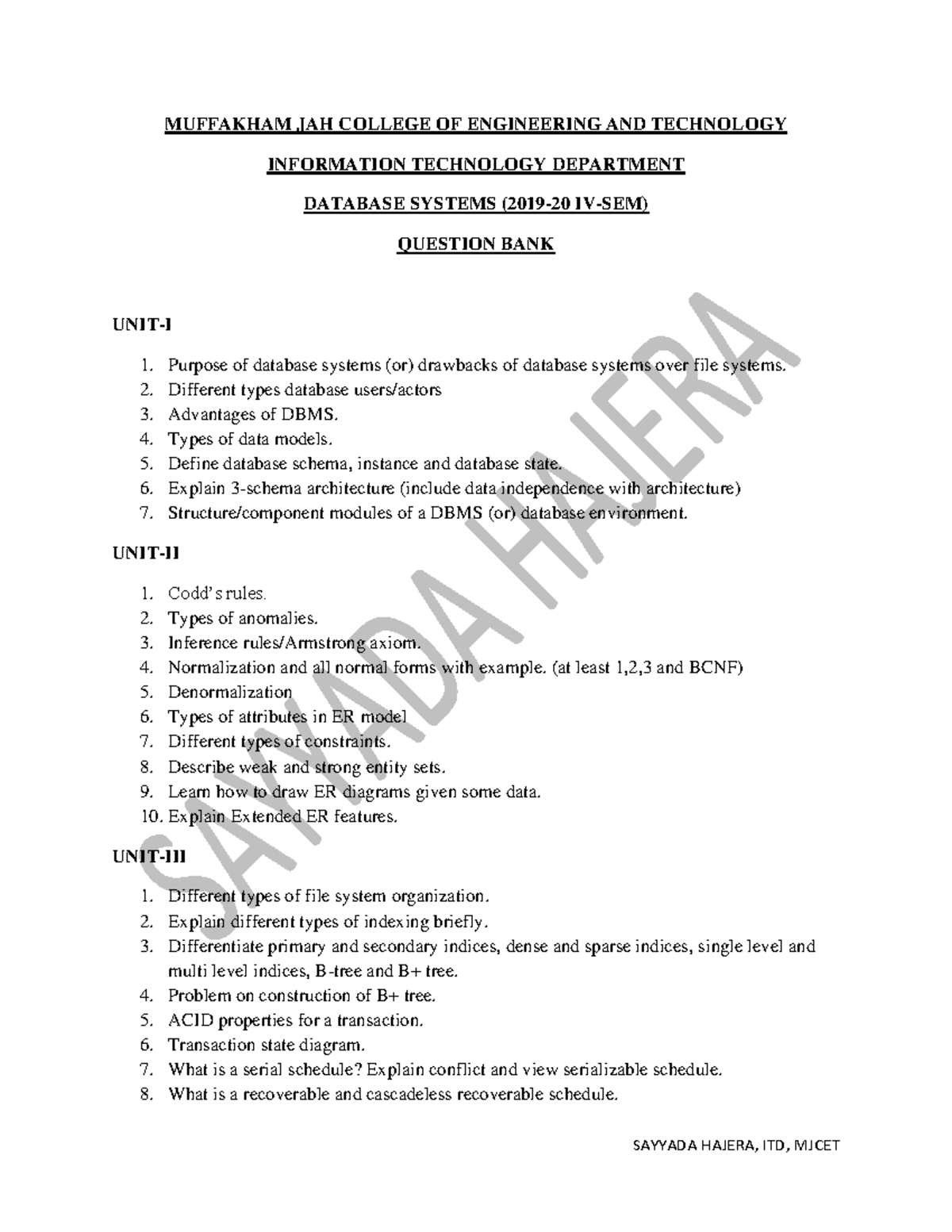 DBS Question bank - SAYYADA HAJERA, ITD, MJCET MUFFAKHAM JAH COLLEGE OF ...